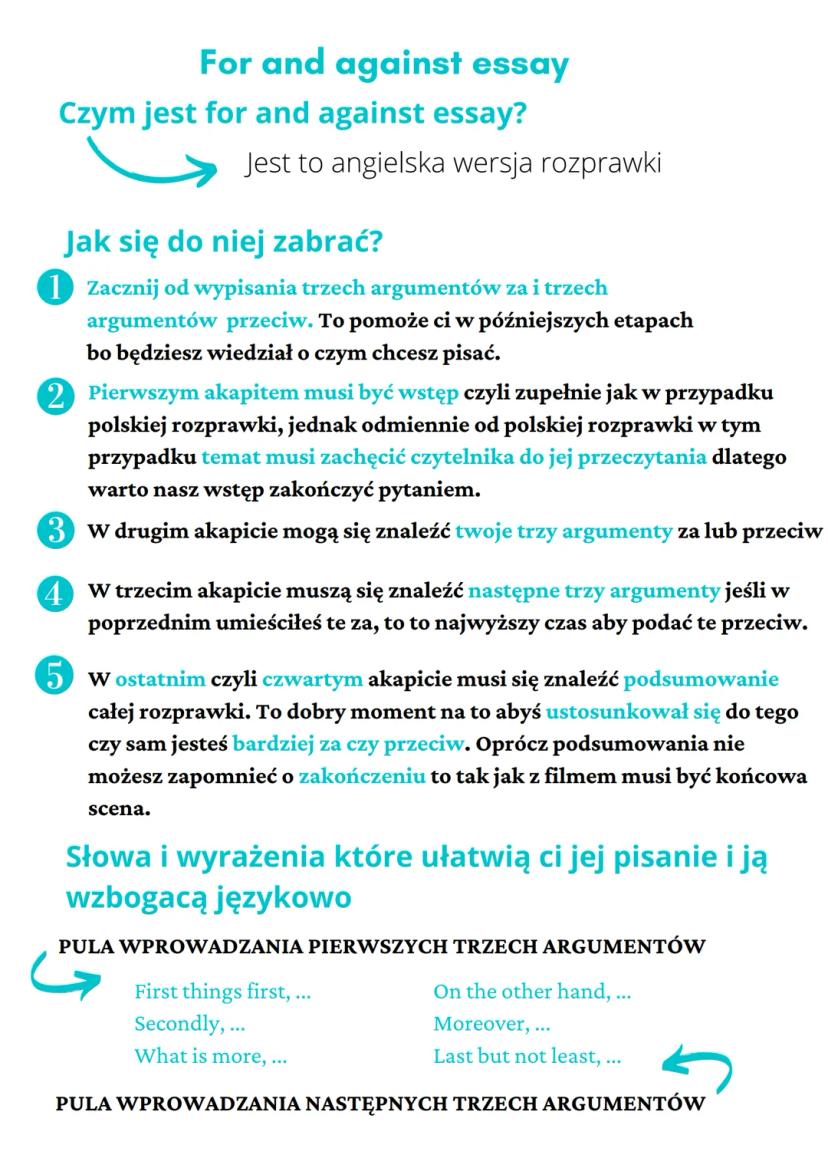 Jak napisać rozprawkę za i przeciw? Przykłady i zwroty (Język angielski) jako PDF - Knowunity