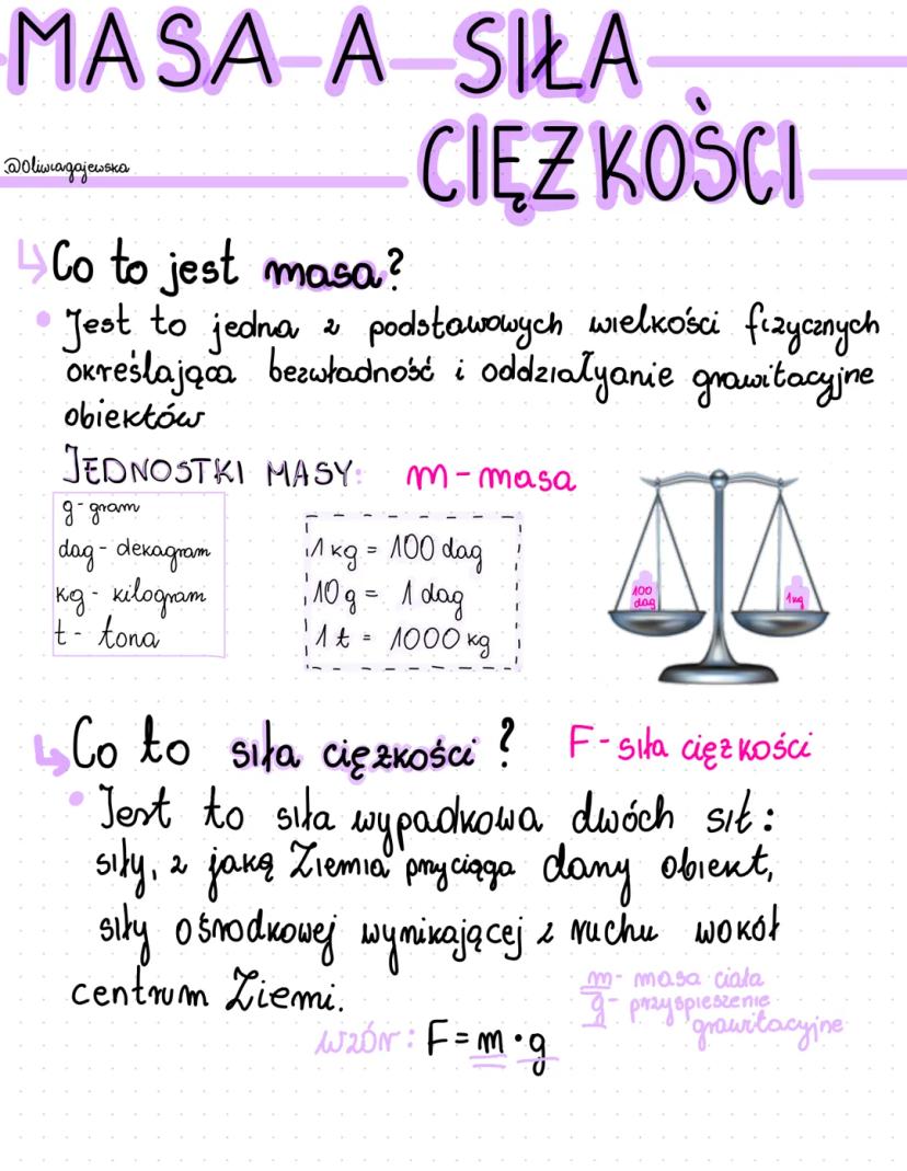 Masa a siła ciężkości klasa 7 - Wzory, jednostki i zamiana jednostek (Fizyka) - Knowunity