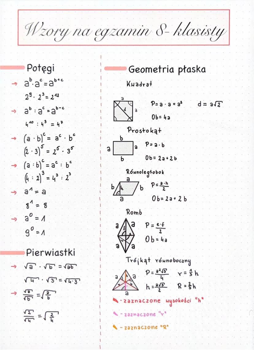 Wszystkie Wzory Matematyczne Klasa 8 i 7: PDF na Egzamin Ósmoklasisty (Matematyka) - Knowunity