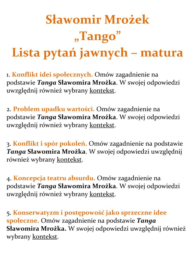 Tango - pytania jawne 2024, rozprawka maturalna i bohaterowie (Język polski) - Knowunity