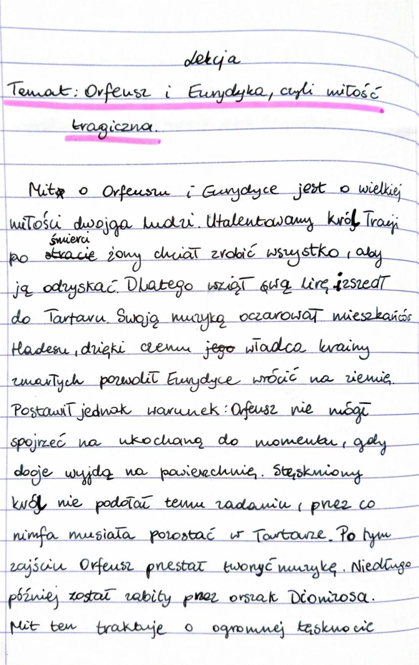 Mit o Orfeuszu i Eurydyce - Krótkie Streszczenie i Plan Wydarzeń (Język polski) - Knowunity